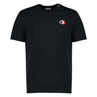 Moncler Homme, Tops, Bleu, Taille: S T-shirt en coton avec logo tricolore brod&eacute;