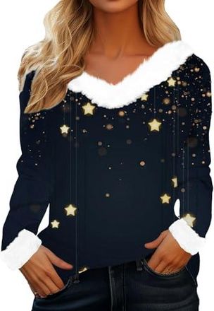 Generic Pullover pour femmes avec bordure en fausse fourrure de No&euml;l, imprim&eacute; scintillant de No&euml;l, col en V, manches longues, sweat-shirt de rue confortable, 