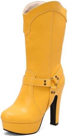 Generic MiaZane Bottes Mi Mollet &agrave; Plateforme Femme en Simili Cuir D&eacute;tail Harnais Talon Bloc &Eacute;pais Style Streetwear Bottes Mode Hiver,Jaune,34 EU