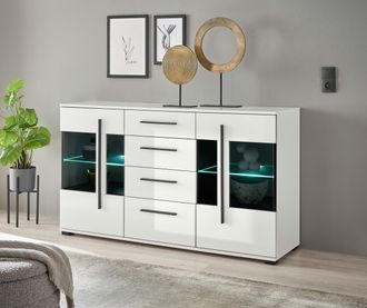 Roomscape home24 Sideboard mit Glast&uuml;r 150cm Wei&szlig;/Hochglanz Wei&szlig;