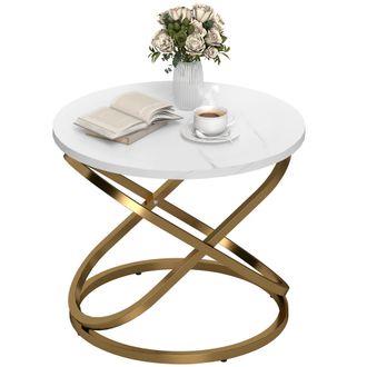 HOMCOM Couchtisch Runder Beistelltisch im Industrial-Stil aus vergoldetem Metall mit Marmoroptik-Tischplatte - Ma&szlig;e: &Oslash; 60 x 46 H cm