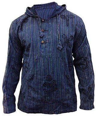 Shopoholic Fashion Hommes Délavéà Rayures à Capuche Hippie Chemise Grand-Père - Bleu, XXXX-Large