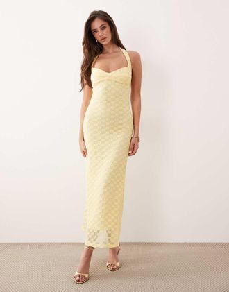 Bardot Mariko - Robe longue &agrave; dos nu en coton m&eacute;lang&eacute; et dentelle &agrave; broderies fleuries - Citron-Jaune