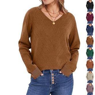 Generic Pull en tricot &eacute;l&eacute;gant &agrave; col en V Pointelle, d&eacute;contract&eacute;, doux, confortable, l&eacute;ger &agrave; manches longues, marron, XXL