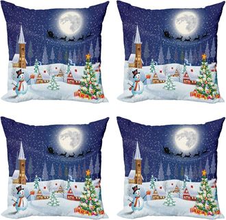 Abakuhaus Weihnachten Dekokissen Kissenbezug 4er Pack, Winterlandschaft, Modern Accent Doppelseitiger Digitaldruck, 45 x 45 cm, Weiß Blau