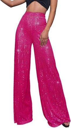 Generic Pantalon palazzo &agrave; paillettes taille haute pour femme, pantalon long pour f&ecirc;te, club, leggings larges, rose rouge, 4XL