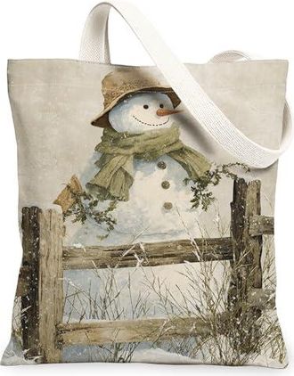 Generic Sacs fourre-tout en toile motif bonhomme de neige dhiver, sacs de courses r&eacute;utilisables, vintage, l&eacute;gers, lavables, Blanc, 13x15 Inch