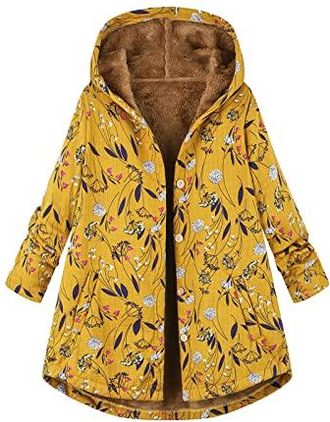 Generic Vestes &eacute;paisses pour femmes 2026 - Imprim&eacute; floral - Chaud - Hiver - Doublure polaire - Sweat &agrave; capuche avec poche lat&eacute;rale, jaune, 5XL