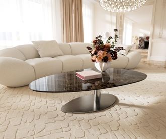 DELIFE Couchtisch Edge Oval 140x75 cm Keramik Laminam Emperador Extra Lucidato Dunkelbraun Vibany Edelstahl geb&uuml;rstet, Couchtische