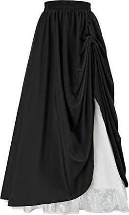 Minetom Femme Jupe Renaissance Vintage Rétro Jupe Médiévale Taille Haute Elastique Jupe Trapèze Vasée Smockée Victorienne Moyen Age Jupe C Noir L
