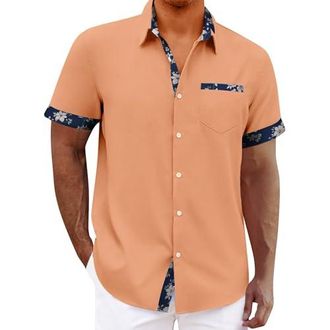 Generic Chemise hawa&iuml;enne boutonn&eacute;e &agrave; manches courtes pour homme - Coupe droite - Style d&eacute;contract&eacute; - Tropical - Vacances - Printemps - Avec poches, Orange, 3