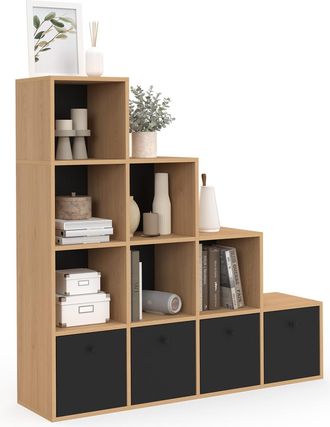 IDMarket Treppenm&ouml;bel LORYS 4 Ebenen aus Holz und Schwarz mit 4 Stoffschubladen