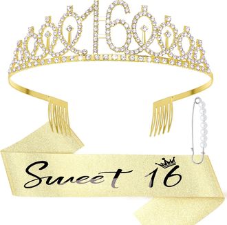 Dreshow 16 Geburtstag Krone und Sch&auml;rpe f&uuml;r Damen 16 Geburtstag M&auml;dchen Sch&auml;rpe & Strass Tiara Set Geburtstag Dekorationen Haarschmuck Glitter Sch&auml;rpe f&uuml;r Par