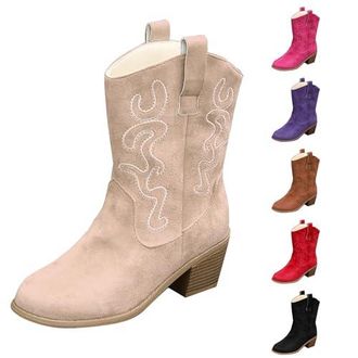 Generic Bottes de cowboy pour femme, talon bloc &eacute;pais &agrave; enfiler, bottines r&eacute;tro &agrave; bout pointu pour concert, mariage, bottes de cowgirl occidentales &agrave; mollet l