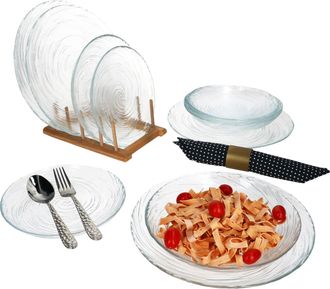 MamboCat Oxy 12tlg Tellerset Glas I 4x Speiseteller, 4x Suppenteller 300ml x 4x Dessertteller I Geschirr f&uuml;r 4 Personen I klares Glas mit modernem Wirbel-Dekor