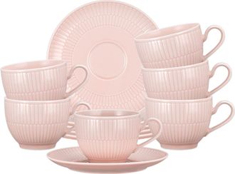 SELTMANN WEIDEN Amina Ros&eacute; Kaffeetassen mit Untertassen 6er Set, 250 ml, Kaffee-Set f&uuml;r 6 Personen mit dezentem Relief-Muster, Sp&uuml;lmaschinen- und Mikrowellenfest, Por