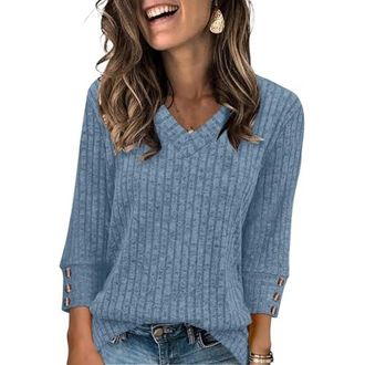 Generic Pull &agrave; Col en V et Manches 3/4 Chic pour Femme - Haut Tricot&eacute; Doux et D&eacute;contract&eacute; Chaud Pas Cher Couleur Unie Automne Hiver Taille 36 38 40 42 44,Bleu