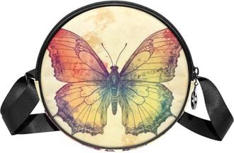 Generic Sac &agrave; bandouli&egrave;re rond pour femme, motif papillon vintage, petit sac &agrave; bandouli&egrave;re avec fermeture &eacute;clair, bretelles r&eacute;glables, sac &agrave; main rond d&eacute;contr