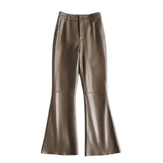 Generic TroUKers Pantalon en cuir véritable doux pour femme Grande taille, Marron pleine longueur, 3XL