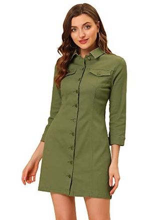 Allegra K Robe en Denim à Manches 3/4 et Manches au Dessus du Genou pour Femmes Olive Verte XL