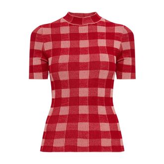 Ami Pullover mit Karomuster- kurzen &Auml;rmeln aus Wolle und Baumwolle - - Knitwear - Damen - Rot - 2XS