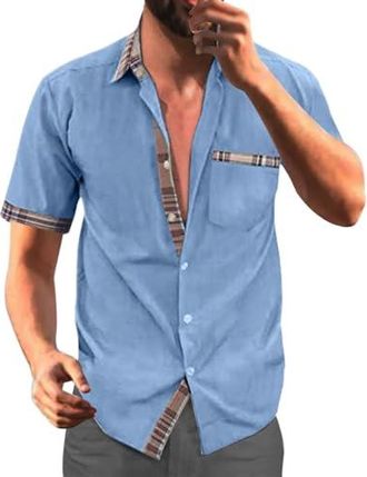 Minetom Chemisette Homme Plage Chemise Manches Courtes Business Slim Fit Carreaux Imprimé DéContracté Tops Blouse avec Poche Poitrine A Bleu Clair XXL