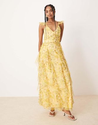 Lace & Beads Robe volantée longueur mollet en tulle imprimé fleuri - Jaune