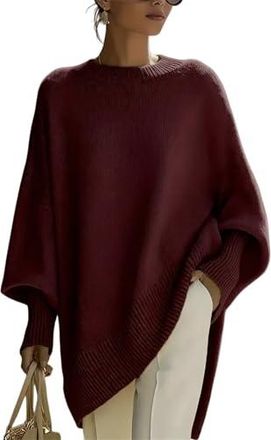 Generic Pull d&eacute;contract&eacute; &agrave; col rond et manches chauve-souris en tricot ample tendance r&eacute;tro paresseux manteau printemps c&ocirc;tel&eacute; chaud ch&acirc;le pull tops, Rouge-a,