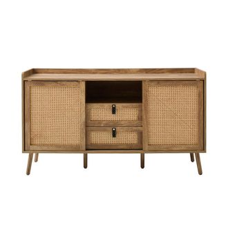 Calicosy Anrichte mit 2 Schiebet&uuml;ren und 2 Schubladen - Fassaden aus nat&uuml;rlichem Rattan, Griffe aus schwarzem PU-Leder - Kollektion Palmo - Wohnzimmer, Esszimm