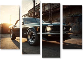 Islandburner Leinwandbild Klassischer Oldtimer bei Sonnenuntergang vor einer Fabrikhalle - Leinwand 130x80cm - 4 Teile