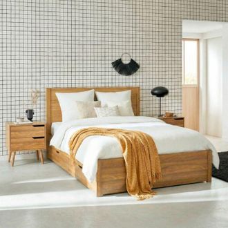 Sweeek Lit avec sommier &agrave; lattes et t&ecirc;te de lit 160 x 200cm + 4 tiroirs d&eacute;cor bois naturel - Nepal