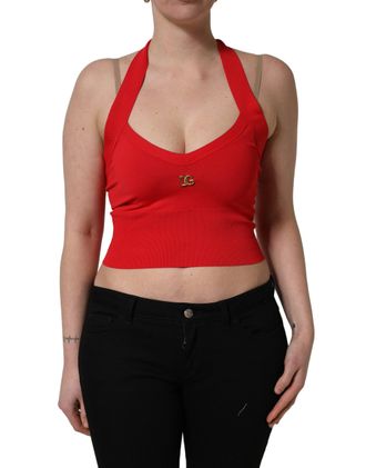 Dolce & Gabbana Womens Red Viscose Sleeveless Halter Crop Tank Top Nylon Polyester Pu
