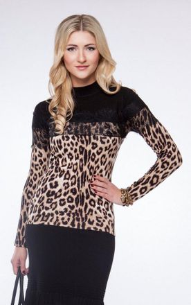 Passioni Strickpullover mit schlichtem Schwarz und Leopardenmuster