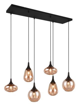 Trio Leuchten Pendelleuchte Lumina 317000613, Metall Schwarz matt, Glas amber, exkl. 6x E14, Bernsteinfarben