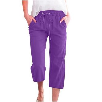 Generic Pantacourt en lin pour femme 2026 d&eacute;t&eacute; d&eacute;contract&eacute; en coton et lin avec cordon de serrage et taille &eacute;lastique, violet, XXL