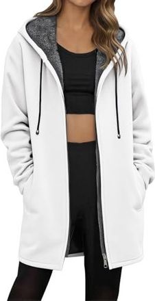 Generic Vestes dautomne et dhiver pour femme, couleur unie, mi-longue, doublure en polaire, veste &agrave; fermeture &eacute;clair 2026, blanc, XXL