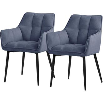 ML Design Lot de 2 Chaise de Salle à Manger en Tissu Éponge, Bleu, Chaise Cuisine avec Assise Rembourrée Épaisse et Pieds Métalliques Noir, Dossier et