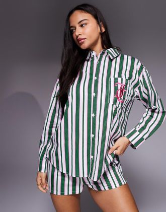 Juicy Couture Lang&auml;rmliges Pyjamahemd mit Streifen in Gr&uuml;n und Wei&szlig;, mit Logo, Kombiteil