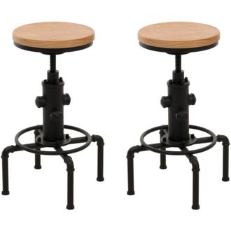 Mendler Lot de 2 tabourets de bar HWC-N23, tabouret de bar r&eacute;glable en hauteur pivotant repose-pieds Industrial acier massif-boi