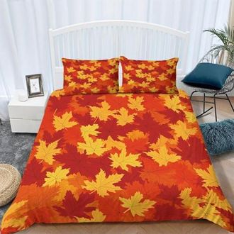 Generic Housse de Couette 200x200 Feuilles D&eacute;rable Rouges Parure de Lit 2 Personnes Usine Imprim&eacute;e 3D Microfibre Literie Set 3 Pi&egrave;ces avec Housses Couettes et