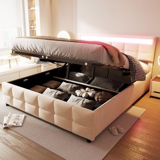 Merax Polsterbett 180&times;200 cm, mit LED-Beleuchtung, Lattenrost, Hydraulisches Bett mit Stauraum, Samtstoff, Beige (ohne Matratze)