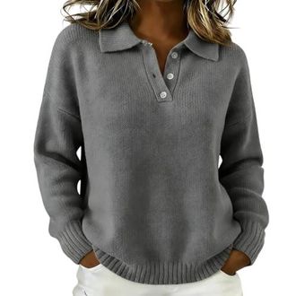 Generic Pull classique &agrave; col polo boutonn&eacute; de couleur unie pour femme, haut tricot&eacute; &agrave; manches longues et col en V pour lautomne et lhiver, gris, 4XL