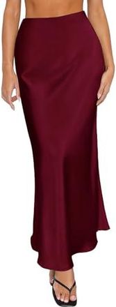 Generic Jupe crayon m&eacute;tallique pour printemps et &eacute;t&eacute; - Jupe en satin - Taille haute - Maxi f&ecirc;te mariage - Ligne A - Jupe longue &eacute;lastique, bordeaux, S
