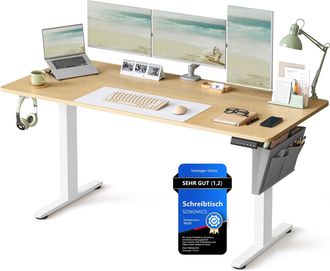 Songmics Höhenverstellbarer Schreibtisch elektrisch, 160 x 70 cm, stufenlos verstellbar, Memory-Funktion mit 4 Höhen, goldeichenfarben LSD136Y01
