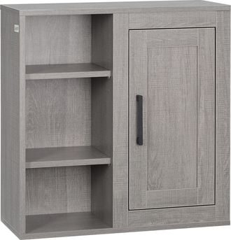 Kleankin Badezimmerschrank Wandschrank mit 1 Schrank und 3 Regalen Mehrzweckschrank mit verstellbaren Regalebenen Aufbewahrungsschrank Badschrank Spanplatte Gr