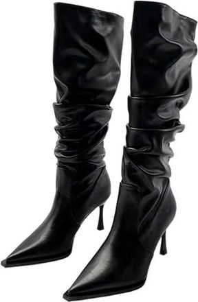 Generic Bottes Hautes Femme &agrave; Talon Aiguille Bout Pointu Cuir PU Pliss&eacute; Bottes Hautes Tendance &Agrave; Talons Hauts Chic et Elegant Chaussures L&eacute;g&egrave;res D&eacute;contract&eacute;e 