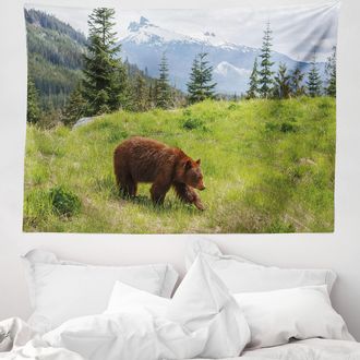 Abakuhaus Bär Wandteppich, Pelz-Tier-Natur Habitat aus Weiches Mikrofaser Stoff Waschbar ohne Verblassen Digitaldruck, 150 x 110 cm,Grün Braun