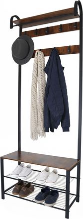 Relaxdays Garderobe, Schuhbank mit 2 Ablagen, 9 Haken, Hutablage, Kleiderständer HBT 182 x 69 x 30 cm, schwarz/braun