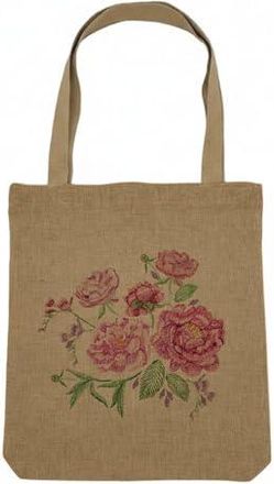 Fabulous Sac Shopping Tote Bag Aspect Lin - Dessin Roses et Violettes Fait Main Art Illustration Minimalisme - Sac de Courses Toile Epaisse 360g Beige Naturel 