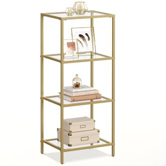 Vasagle Regal mit 4 Ablagen, Badregal, geh&auml;rtetes Glas, einfache Montage, f&uuml;r Badezimmer, Wohnzimmer, K&uuml;che, B&uuml;ro, transparent-metallisches Gold LGT28G